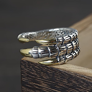 Two Tone 925 Sterling Silver Eagle Claw Ring Punk Jewelry for Men Open Adjustable