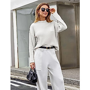 Bianstore Women's Two Piece Outfits Long Sleeve Knit Top Fall Sweater Set Loose Pants Sweatsuit Lounge Sets(PureWhite-M)