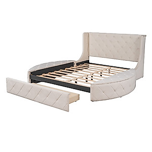 Yehha Queen Size Velvet Upholstered Platform Bed with 2 Side Storage Stool and 1 Storage Drawer, Victorian Style Velvet Headboard, Noise-Free and No Box Spring Needed, Beige