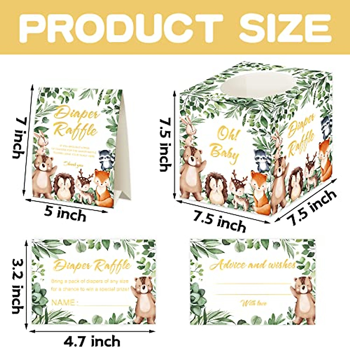 HPMNS 52 PCS Woodland Diaper Raffle Tickets with Box for Baby Shower, Baby Shower Games Invitations Decorations for Boy or Girl with Diaper Raffle Cards Sign for Baby Shower Gender Reveal Party
