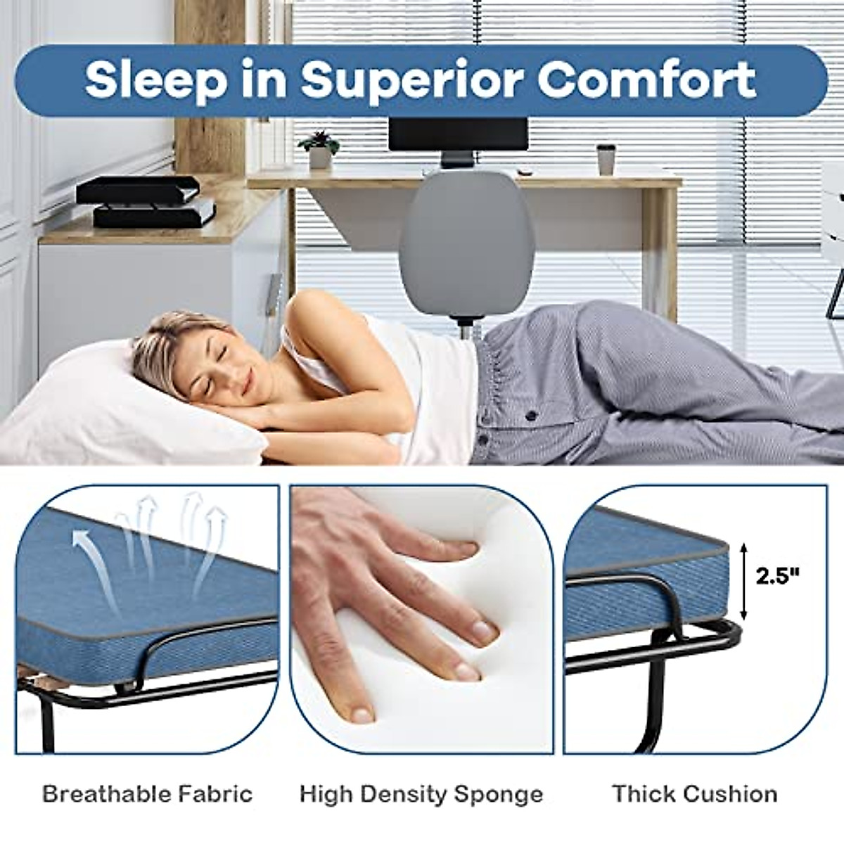 RELAX4LIFE Rollaway Folding Bed with Mattress, Guest Bed with Sturdy Steel Frame & Memory Foam Mattress, Portable Fold Up Bed with Rolling Wheels for Small Space, Office, Camping, Made in Italy (Navy)