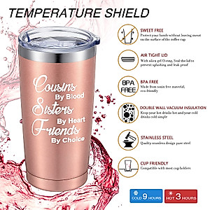 Cousins by Blood Sisters by Heart Friends by Choice Mug Tumbler Graduation Birthday Christmas Gift Idea for Cousins Presents for Women 20 OZ Vacuum Insulated Travel Tumbler with Box (Rose Gold)