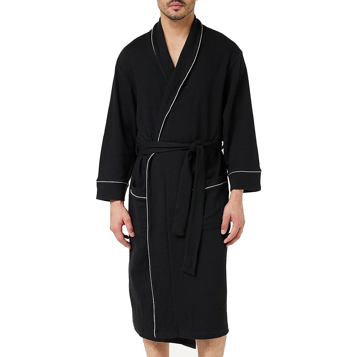 Amazon Essentials Men's Lightweight Waffle Robe (Available in Big & Tall), Black, Medium-Large