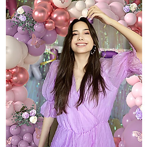 Dusty Lavender Purple Pink Balloon Arch Kit Lilac Sand White Rose Gold Balloons Garland With Artificial Flower and Eucalyptus Leaves Butterfly for Bridal Baby Shower Wedding Birthday Party Decorations