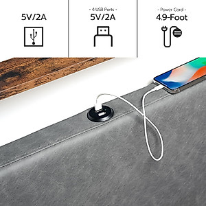 HOOBRO King Size Headboard, Wall Mount Hanging Headboard with 4 USB Ports and LED Light, PU Upholstery, Open Storage Shelf, for Bedroom, Bar, Dining or Entryway, Rustic Brown and Gray