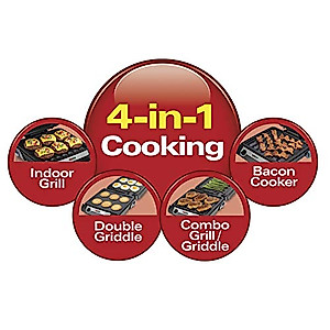 Hamilton Beach 4-in-1 Indoor Grill & Electric Griddle Combo with Bacon Cooker, Opens Flat to Double Cooking Surface, Removable Nonstick Plates, Black & Silver (25601)