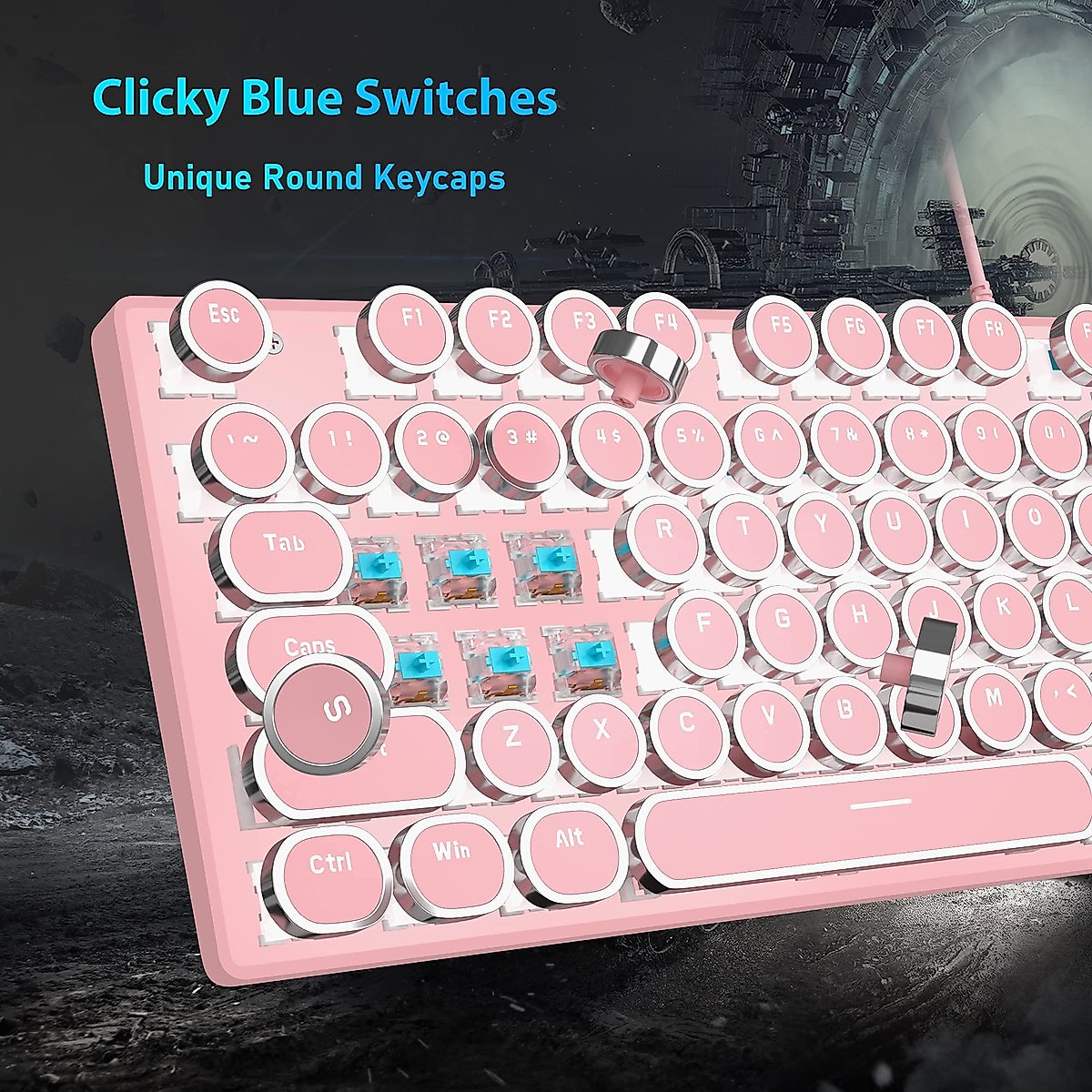Typewriter Style Mechanical Gaming Keyboard, Pink Punk Gaming Keyboard with White Backlit, 104 Keys Blue Switch Wired Cute Keyboard, Round Keycaps for Windows/Mac/PC