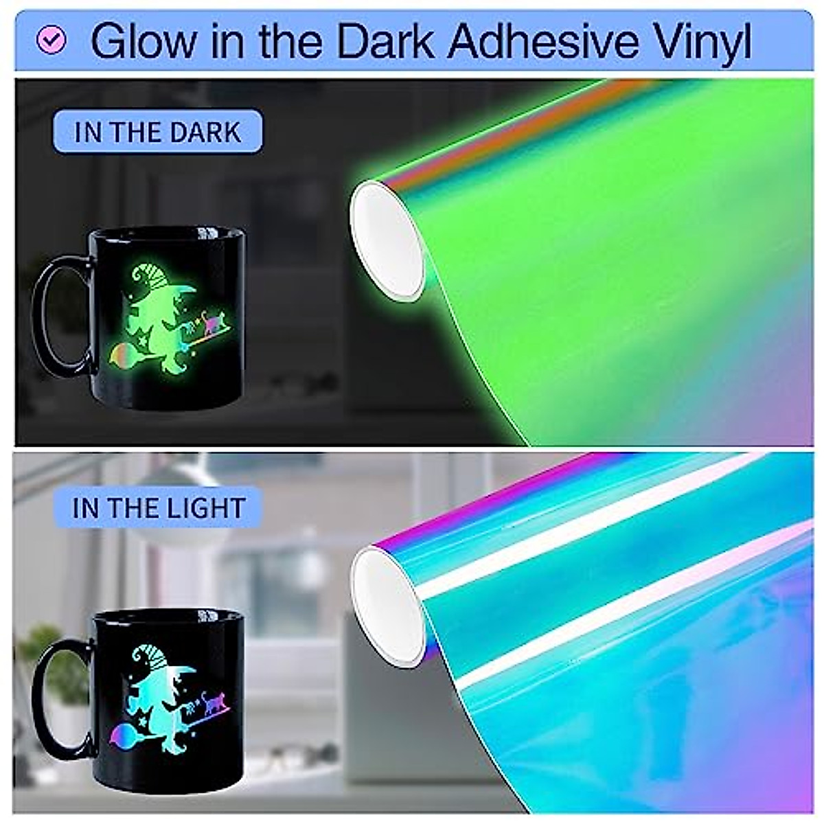 VINYL FROG Glow in The Dark Opal Adhesive Vinyl, 12" x6ft Opal White Iridescent Craft Vinyl Green Luminous Fluorescent Holographic Vinyl for Decals, Cars, Bikes, Motorcycles, Helmets, Mailbox
