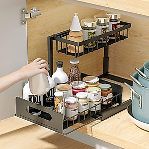 KINGPOUL Under Sink Organizers-2-Tier Heavy Duty Metal Slide Out Pull Out Drawers L-Shape Under Cabinet Storage Around Plumbing, for Under Kitchen Bathroom Sink Organizers and Storage(Black)