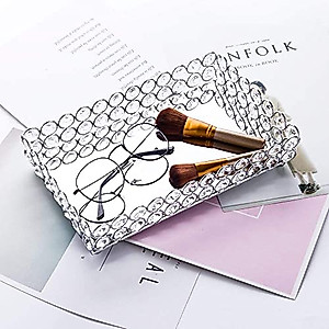 Feyarl 10 Inch Crystal Cosmetic Tray Rectangle Vanity Tray Makeup Jewelry Trinket Organizer Mirror Decorative Tray Perfume Skin Care Organizer Christmas Party Coffee Table(Silver)