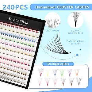 Hannahool 12 Colors Mix 240pcs 10D Premade Fans Nature Long Volume Eye Lashes Extensions Soft and Light Weight Colorful Individual False Eyelashes Cluster 8-16mm to Choose (12mm)
