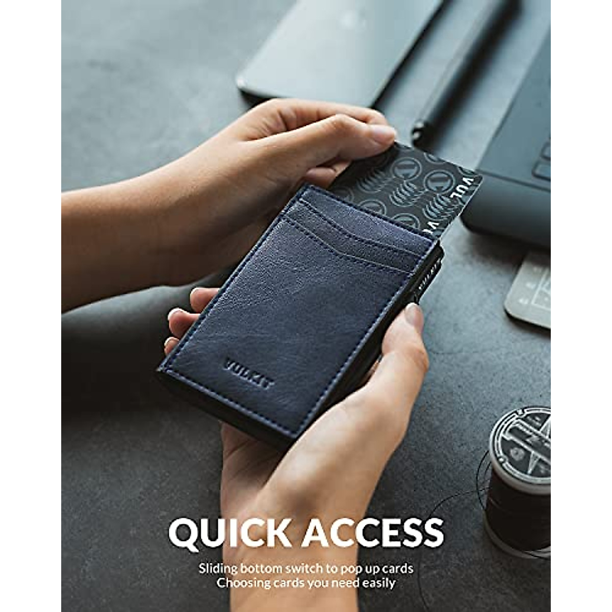 VULKIT Men's Slim Wallet Pop Up Card Holder RFID Blocking Metal Wallet Minimalist Design Holds Up to 11 Cards