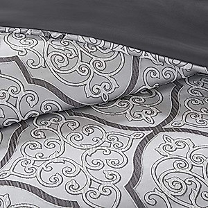 Madison Park Lavine Cozy Bed in a Bag Comforter Set, Traditional Luxe Jacquard Design All Season Down Alternative Bedding with Cotton Bed Sheets, Bed Skirt & Pillows, Queen Silver 12 Piece