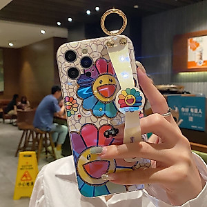Lastma for iPhone 13 Pro Max Case Cute with Wrist Strap Kickstand Glitter Bling Cartoon IMD Soft TPU Shockproof Protective Cases Cover for Girls and Women - Sunflower