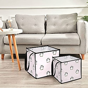 KEEPREAL Pink Background Penguin Cube Storage Bin with Handles, Large Collapsible Organizer Storage Basket for Home Decorative(1Pack,13 x 13 x 13 in)