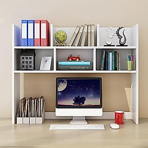 SUZEPER Wooden Desktop Bookshelf, Countertop Hutch Bookshelf, Comupter Desk Hutch Organizer with Shelves, Freestanding Bookcase for Home Office Dorm Room(39.4'', White)