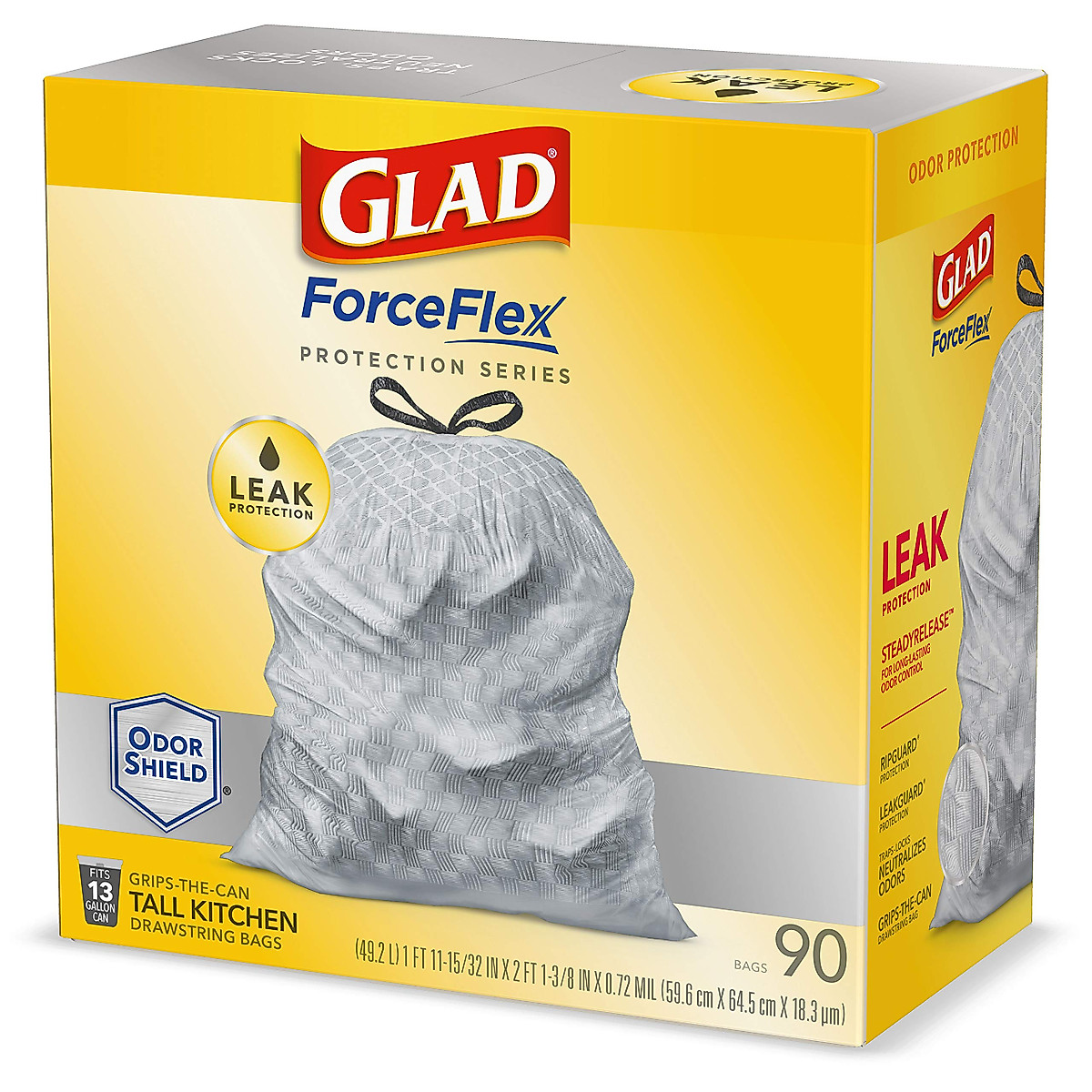 Glad ForceFlex Protection Series Tall Kitchen Trash Bags, 13 Gal, Unscented OdorShield, 90 Ct (Package May Vary)