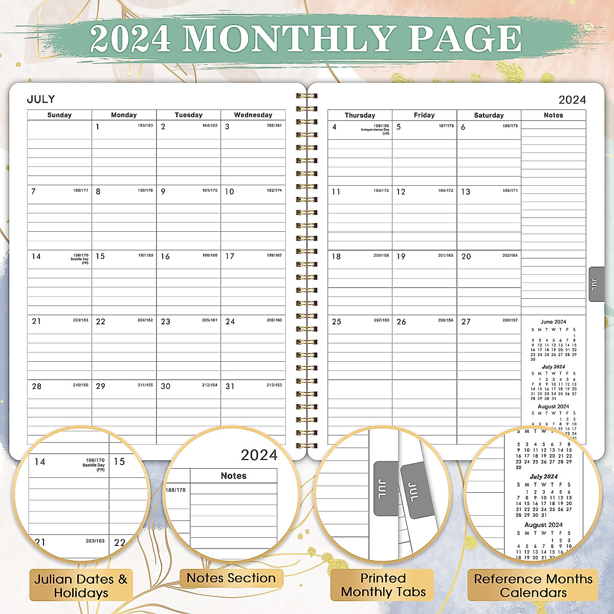2024 Planner - Planner/Calendar 2024, Jan. 2024 - Dec. 2024, 2024 Planner Weekly and Monthly with Printed Tabs, 8" x 10", Flexible Cover with Thick Paper + Twin-Wire Binding - Waterink
