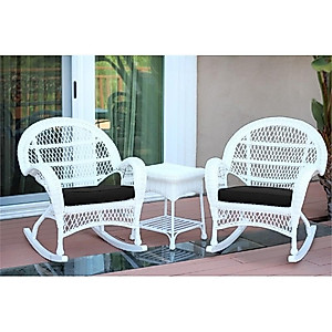 Jeco 3 Piece Santa Maria Rocker Wicker Chair Set with Black Cushions, White