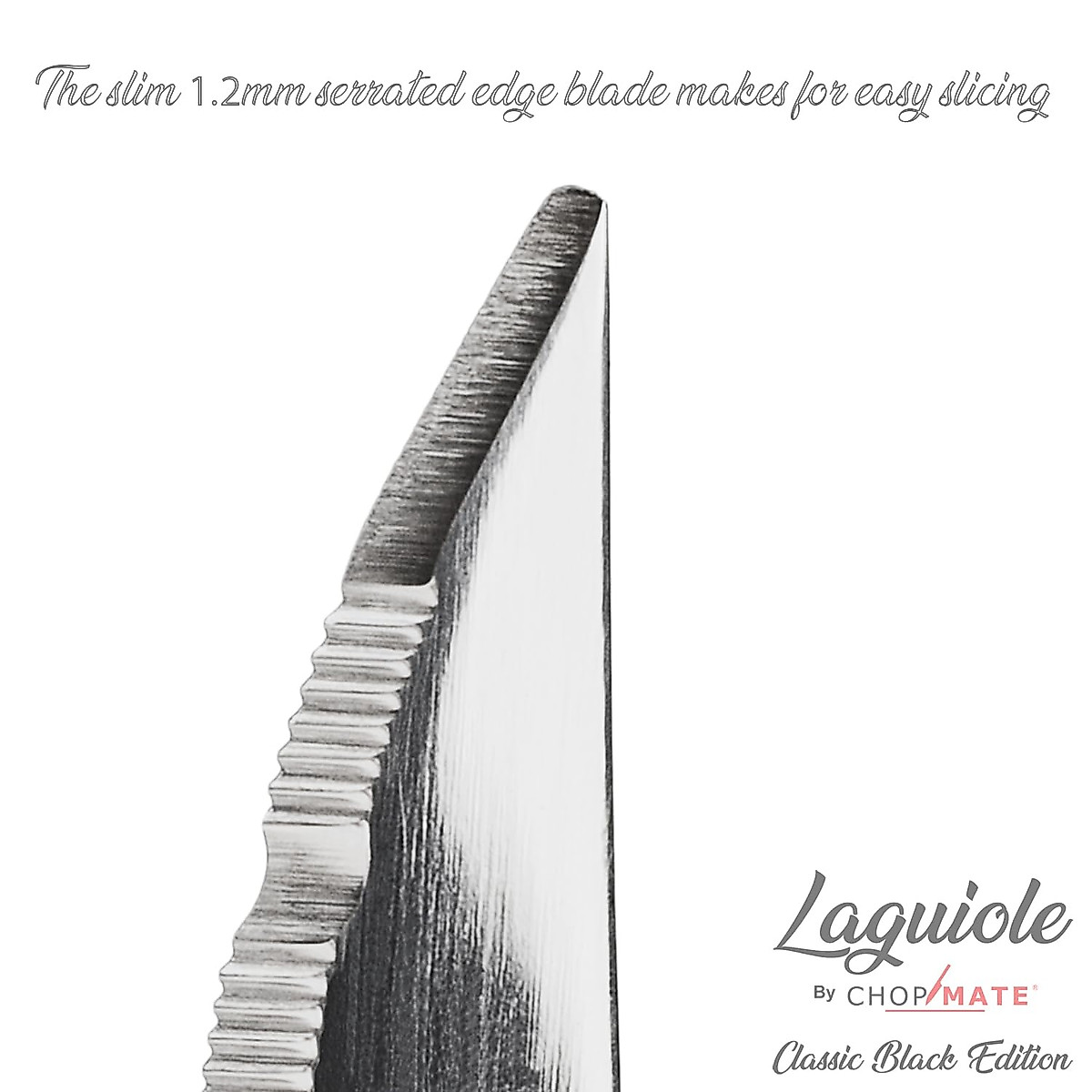 Chopmate Laguiole Premium Steak Knife Set - 4.5 inch - Classic Black Edition - Razor Sharp Kitchen Knives - Forged Stainless Steel - Full Tang Handle - 6 Piece Set + Wood Storage Display Block