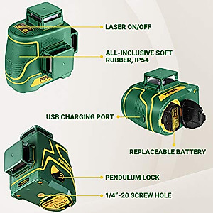Laser Level 3D & 3 x 360°, Line Laser Green POPOMAN, USB Rechargeable, Self Leveling and Pulse Mode, Magnetic Pivoting Base, Auxiliary Supporting Bracket, Carrying Case Include - MTM350B
