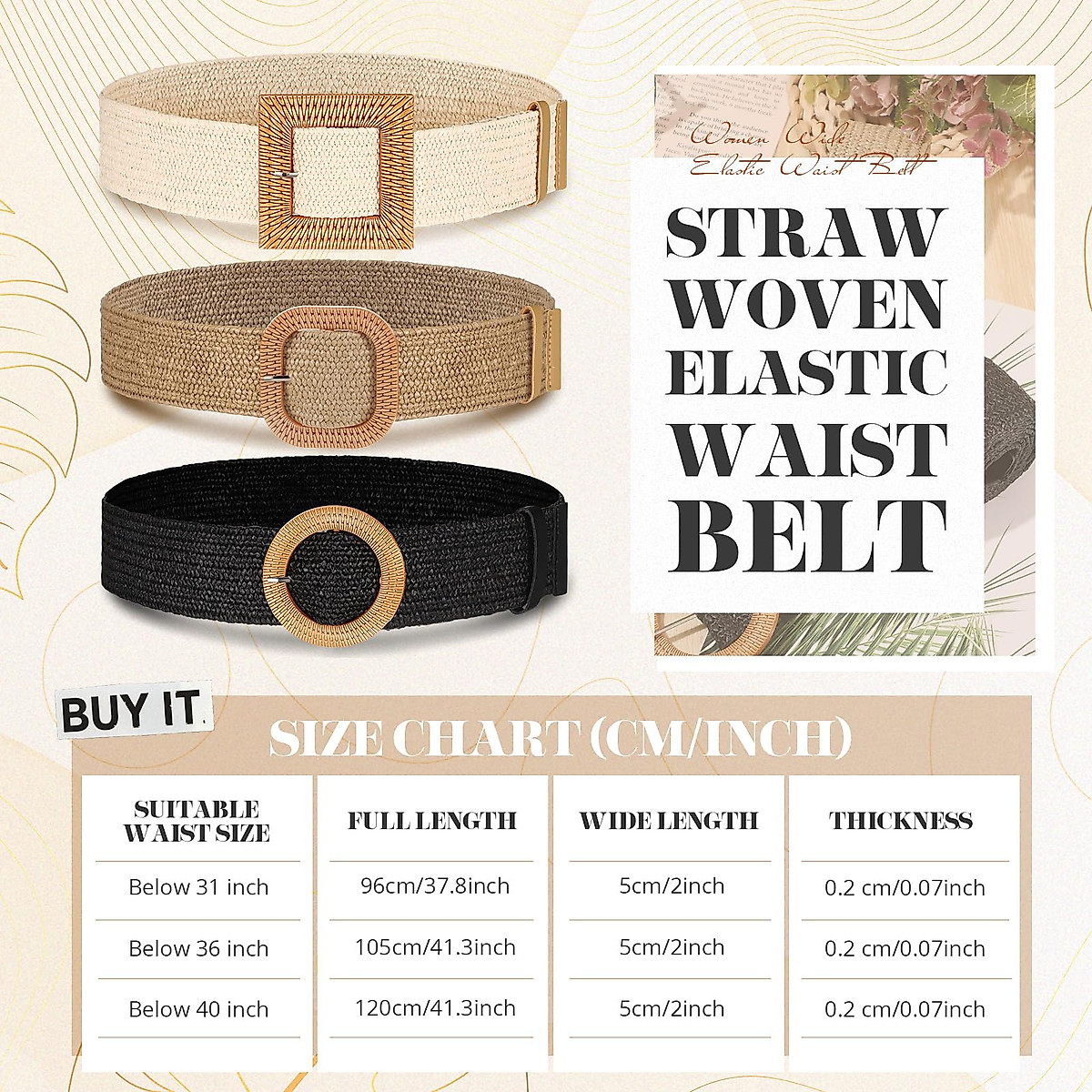 Syhood 3 Pieces Straw Woven Elastic Waist Belt for Women Bohemian Dress Braided Belt (Black, Khaki, Beige,Fit Waist Size Below 40&#039;&#039;)