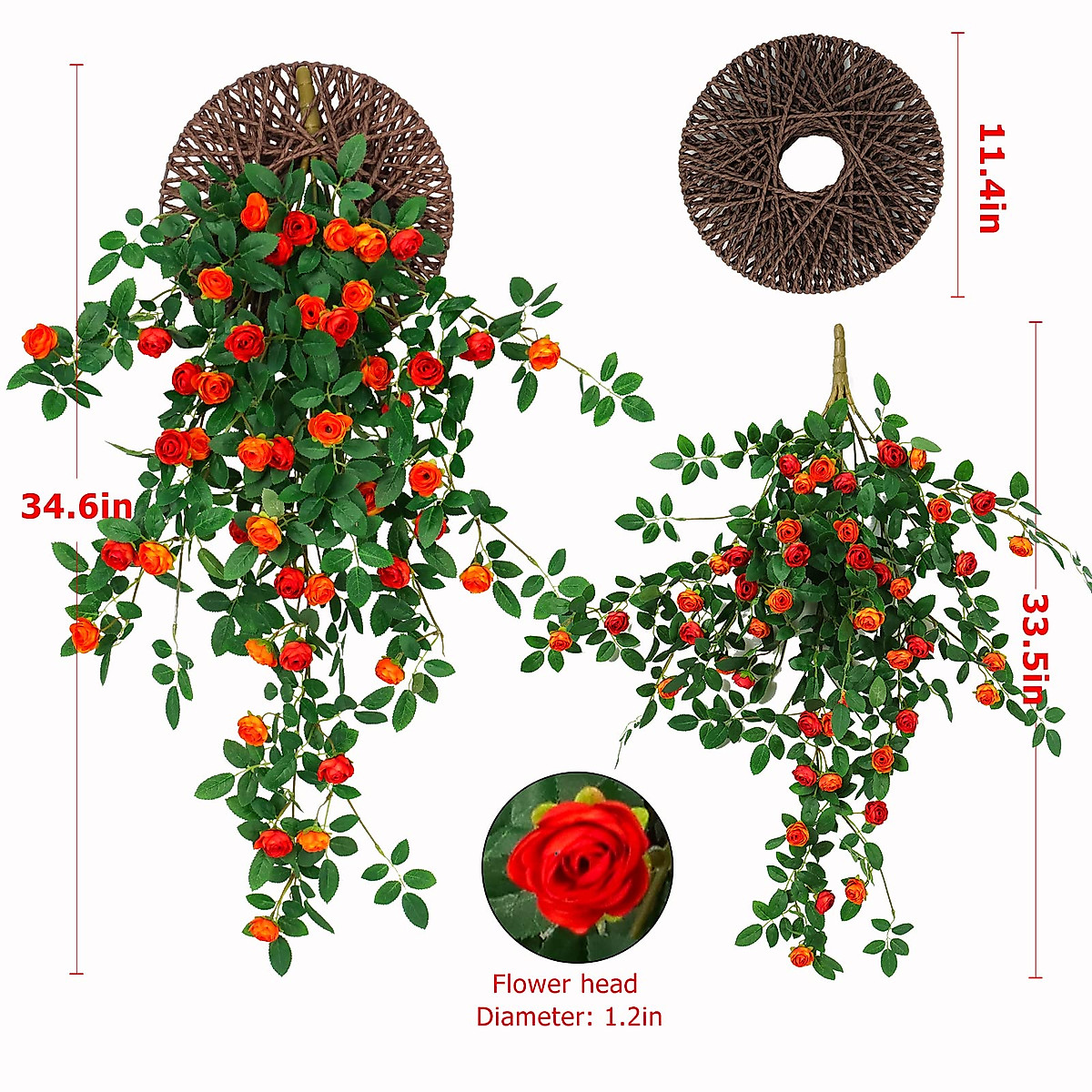 RIDDSEE Artificial Hanging Flowers Rose with Basket - Fake Silk Floral Hanging Ivy Greenery Faux Flower Long Vines for Wall Home Room Garden Wedding Indoor Outdoor Decoration (Orange)