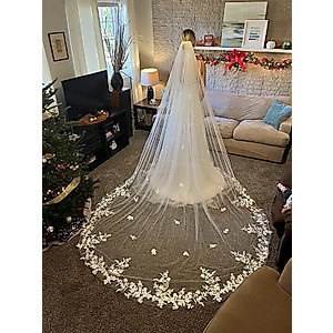 EllieHouse Women's 1 Tier Cathedral Flower Lace Ivory Wedding Bridal Veil With Metal Comb L95IV