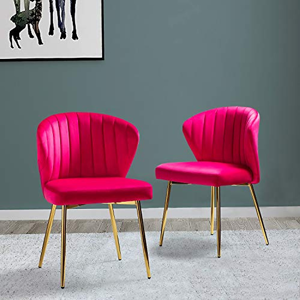 TINA'S HOME Velvet Dining Chairs Set of 2, Modern Upholstered Side Chair with Golden Legs, Small Cute Armless Accent Chair for Living Room, Kitchen, Bedroom, Beauty Room/Fuchsia