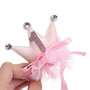 LINLULU 1st Birthday Crown Headband for Baby Girls - Elastic Pink Glitter Mini Crown, Princess Crown Headband, Tulle Bow Crown Baby Headband, Cake Smash Photo Prop (pink baby headband)