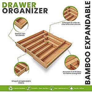 Bamboo Organizer 2 Piece Set – 8 and 5 Compartment Expandable Makeup Drawer - Drawer Dividers Organizer - Adjustable Drawer Holder for Kitchen, Silverware, Flatware, Living Room and Utensils (Natural)