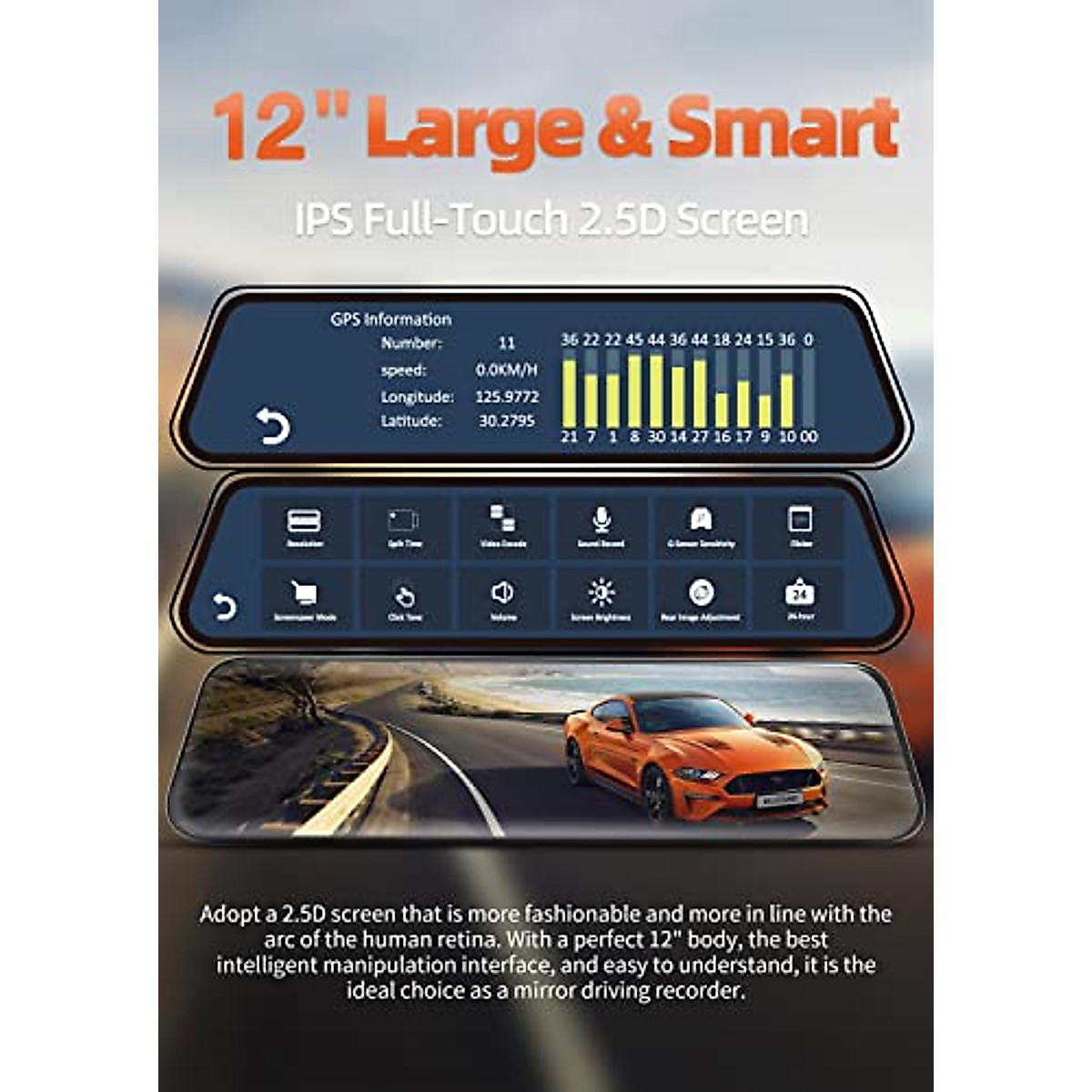 WOLFBOX Rear View Mirror Camera:Mirror Dash Cam Front and Rear 4K+2.5K for Car with 12" Full Touch Screen, Waterproof Backup WDR Camera, Night Vision, G-Sensor, Parking Assist,Free 64GB Card & GPS