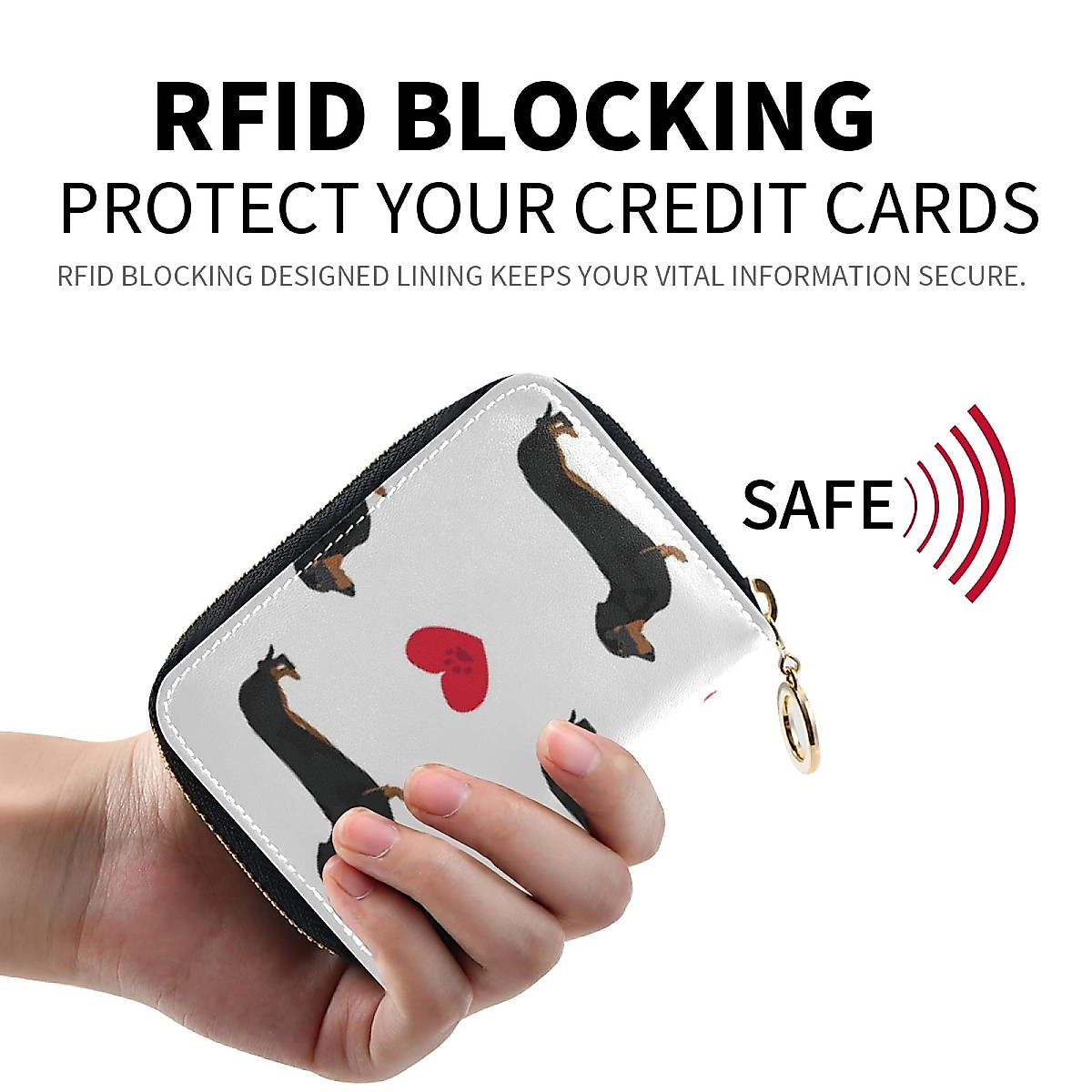 Oyihfvs Dachshund Dog Seamless Heart Grey Credit Card Coin wallet, RFID Blocking Compact Women Leather Card Holder, KeyChange Organizer, Zipper Purse Clutch Pouch Pocket, Multicolor, 4.7x3.1x0.8 Inch