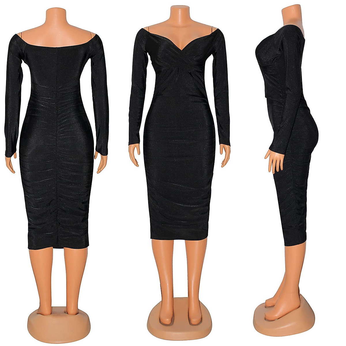 Fastkoala Women's Sexy V Neck Off Shoulder Ruched Bodycon Dress Long Sleeve Slim Fit Midi Dress Night Club Party Dresses Black 2XL