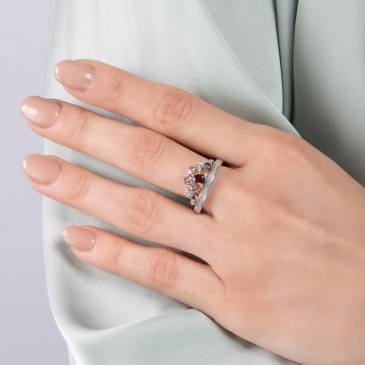 Jewelili Enchanted Disney Fine Jewelry 14K Rose Gold Over Sterling Silver 1/10 Cttw Diamond and Red Garnet Snow White Tiara Ring, Size 9