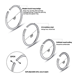 WBRWP 316L Stainless-Steel Piercing-Ring Hinged Nose-Rings-Hoop : 20G Womens and Mens Body Pierecing Ring Segment Clicker Lip Rings Cartilage Rook Earrings Diameter 8mm (each color 2 piece)