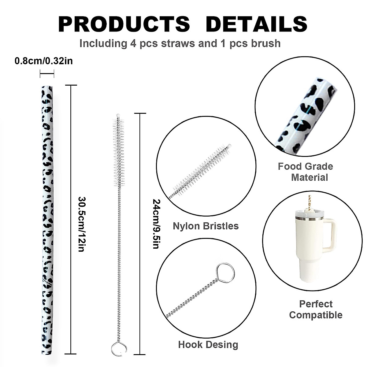 40oz Replacement Straws 4 Pack | 40oz 30oz Tumbler Leopard Straws, Cheetah Straws, Iced Coffee Straws, 12 Inches Extra Long Straws, 30oz Tumbler Straws, Leopard Drinking Straws, Reusable Straws