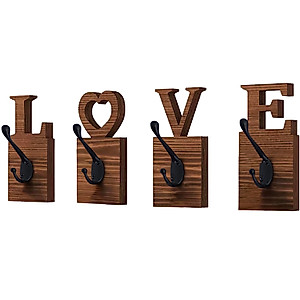 Rustic Coat Hooks for Hanging Keys, Hats or Bathroom Towels – Set of 4 Wall Mounted Wooden Hangers for Entryway, Modern Farmhouse Industrial Black Metal & Wood Home Décor, Love Sign Wedding Gift