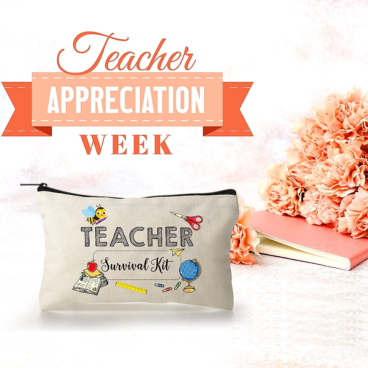 24 Pcs Teacher Appreciation Gift Makeup Bags Teacher Survival Kit Cosmetic Bags Canvas Zipper Pouch Travel Toiletry Case (7.1 x 4.3 Inch) Multicolor