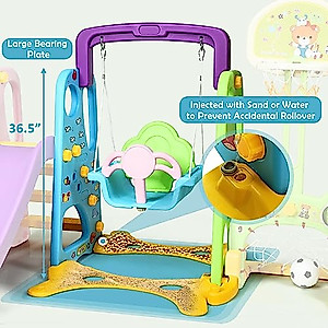 6 in 1 Toddler Swing and Slide Set, Kids Large Climber Slide Playset with Basketball Hoop, Football Gate and Golf Hole, Playground Swing Set for Indoor Outdoor Backyard 3-10 Gifts Presents