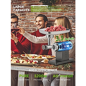 Flyseago Meat Grinder Electric 3200W Heavy Duty Meat Mincer Chopper Machine Touch Control Multifunctional with Cutting Blade 3 Grinding Plates 3 Sausage Stuffers Kubbe Kit for Household&Commercial