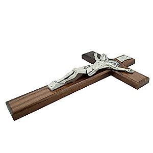 Wooden Wall Cross with Saint Benedict Medal | Beautiful Silver-Tone Jesus | Solid Dark Stained Wood | Ready to Hang on Wall | Great Gift for Baptism, New Home, Weddings | Made in Italy