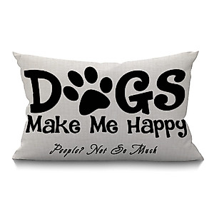 Smooffly Dogs Make Me Happy People Not So Much Funny Letter Black Waist Lumbar Cotton Linen Throw Pillow case Cushion Cover for Sofa Home Decorative Oblong 12x20 Inches