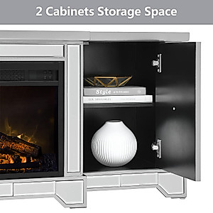 Alohappy Electric Fireplace TV Stand for TVs up to 65”, Mirrored TV Stand with 18” LED Fireplace and Remote, Home Media Entertainment Center Silver TV Console Table Furniture for Living Room