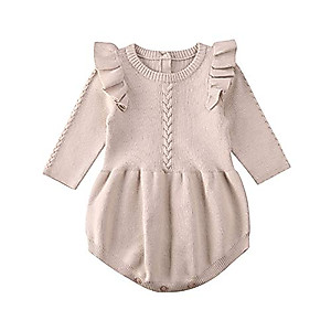 Merqwadd Infant Toddler Baby Girl Warm Romper Solid Longsleeve Knit Sweater Winter Rompers (Knitted Romper-Apricot, 6-12 Months)