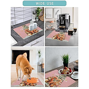 Coffee Mat for Counter, Merry Christmas Squirrel with Xmas Trees Pink Absorbent Hide Stain Coffee Bar Mat, Non-slip Coffee Bar Accessories Kitchen Drying Mat Fit Under Coffee Maker Espresso Machine