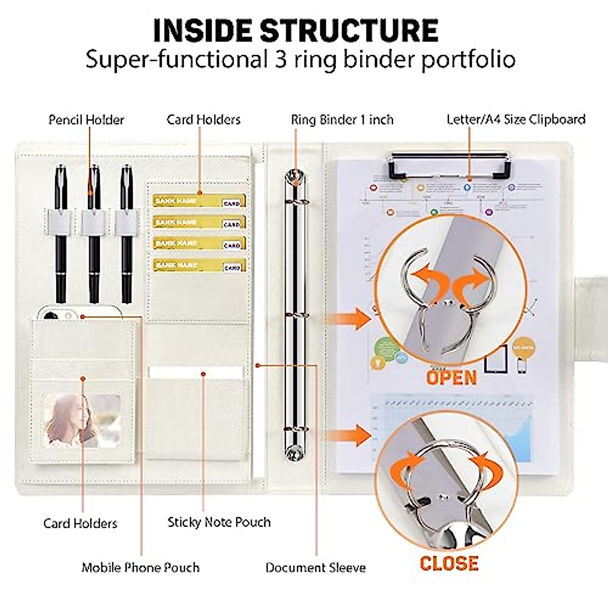 Toplive Padfolio Folder 3 Ring Binder PU Leather Portfolio, Business Interview Resume Portfolio A4/ Letter Size Document Organizer with Clipboard for Women Men, Pink