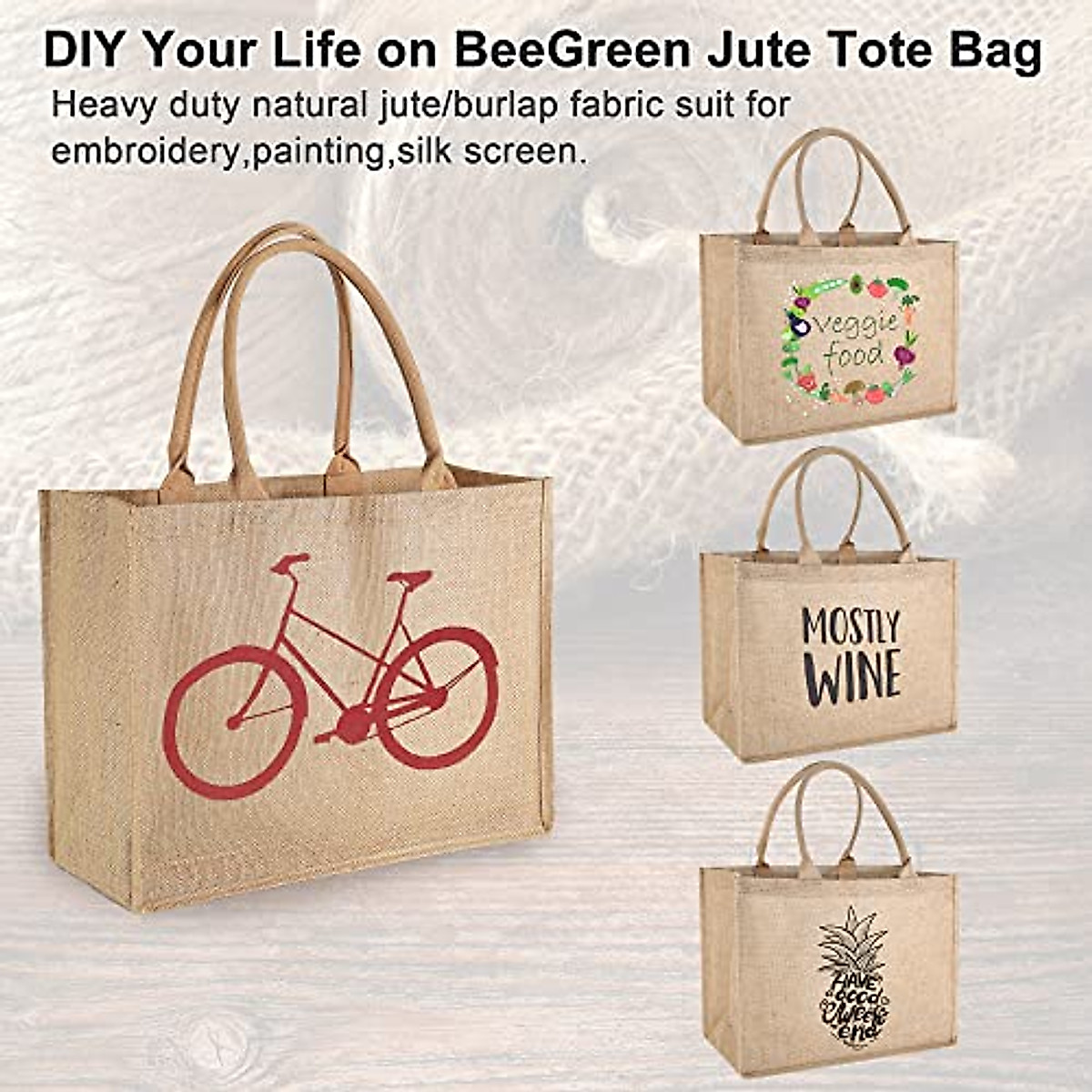 BeeGreen 6 Pack Burlap Tote Bags Bulk Laminated Interior W16.5“×H13”×D7.25“ X-Large Jute Tote Beach Bags w Inner Zipper Pocket & Handles for Mother's Day Teacher Bridesmaid Wedding Gift Bags for DIY