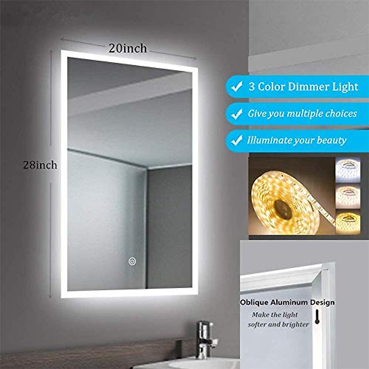 Cangfort 28"x 20" Bathroom Mirror Horizontal/Vertical Anti-Fog Wall Mounted Makeup Mirror with LED Light Over Vanity