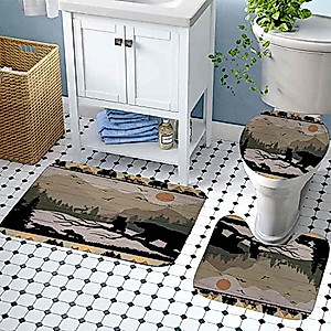 Dia Magico 4PCS Black Bear Shower Curtain Set with Rugs, Sun Mountain Birds Deer Elk Moose Wildlife Hunting Cabin Lodge Pine Tree Woodland Country Rustic Farmhouse Bathroom Decor, Mother Bear & Cubs